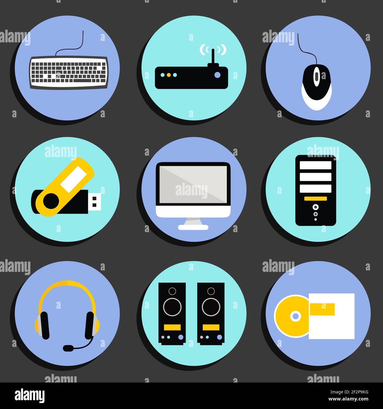 Business computer icons set of workplace desktop with speakers printer ...