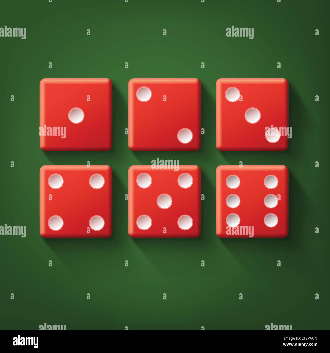 Vector set of red casino dice top view isolated on green poker table ...