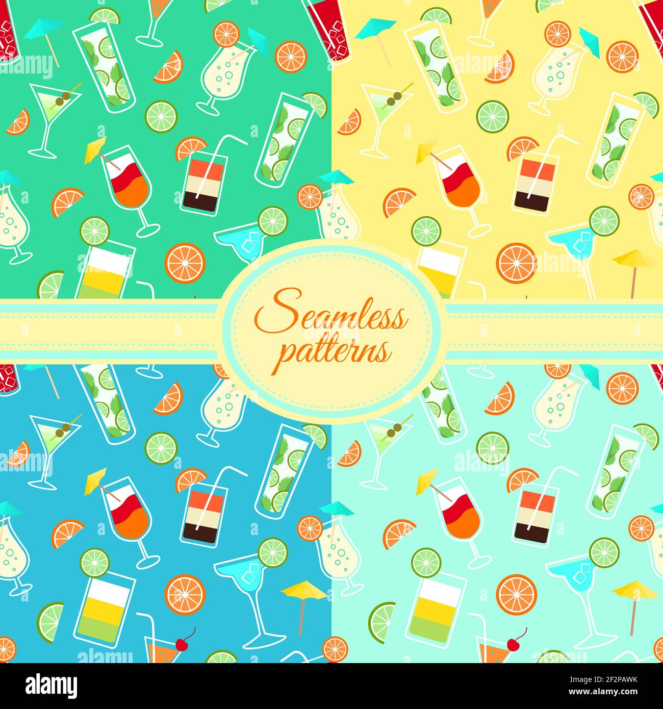 Collection of seamless patterns with alcohol cocktail drinks of martini ...
