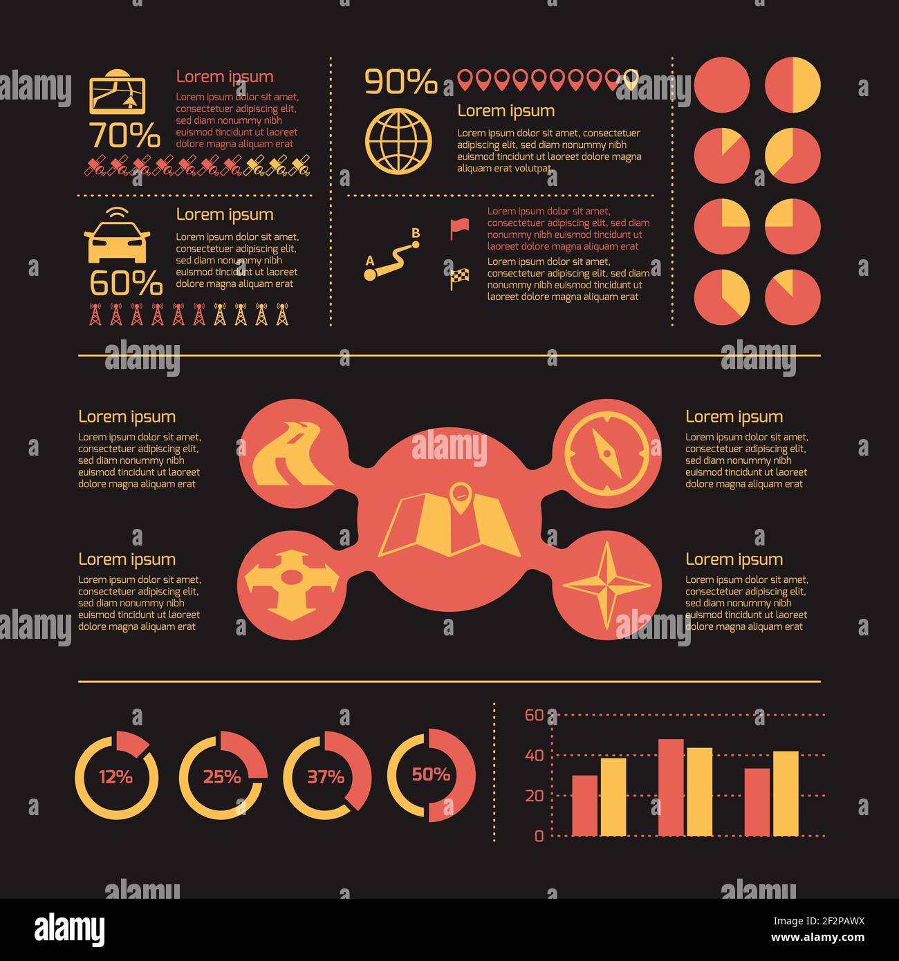 Navigation infographics with map pin compass globe icons and charts ...