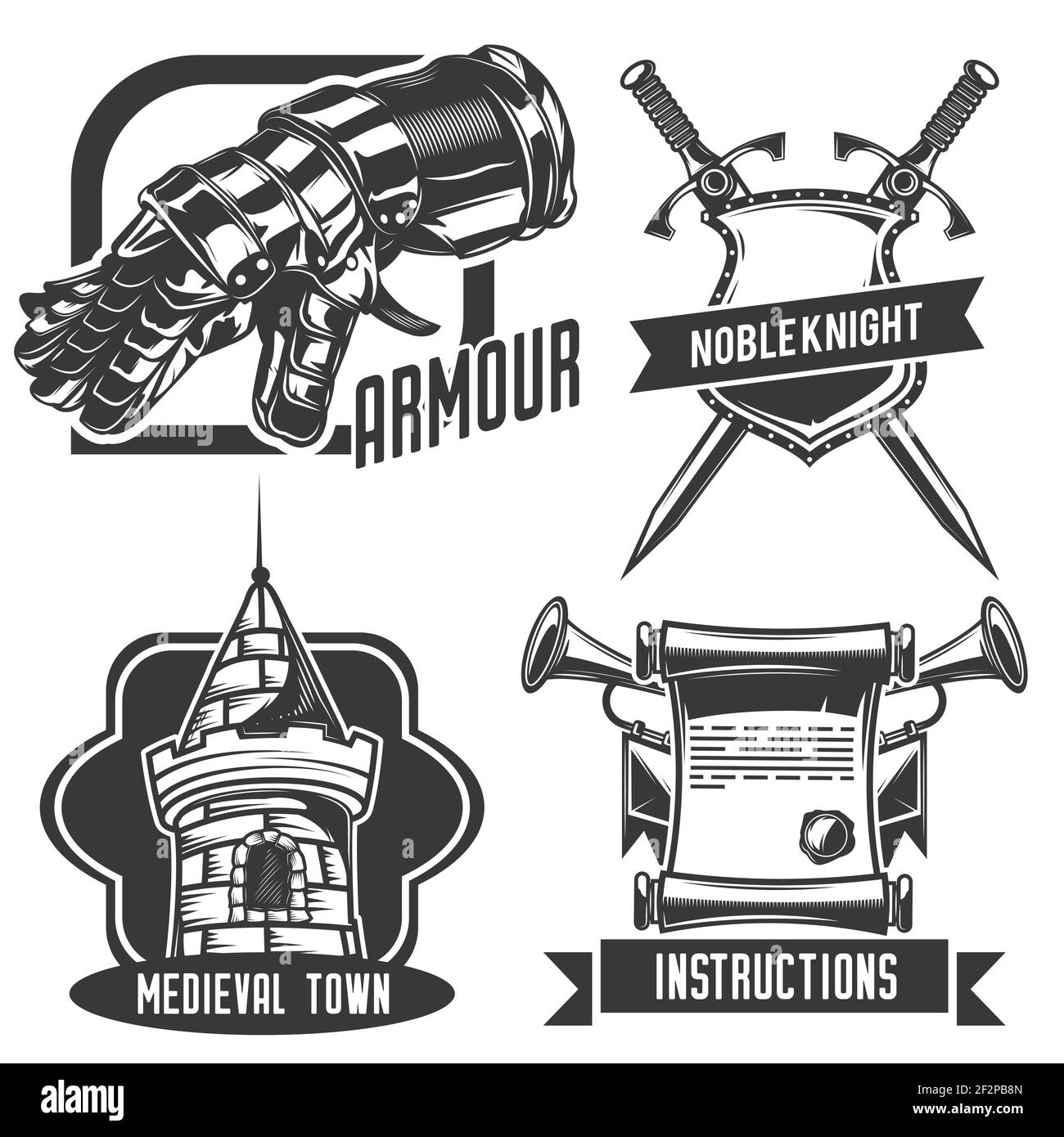 Set of knight emblems, labels, badges, logos. Isolated on white Stock ...