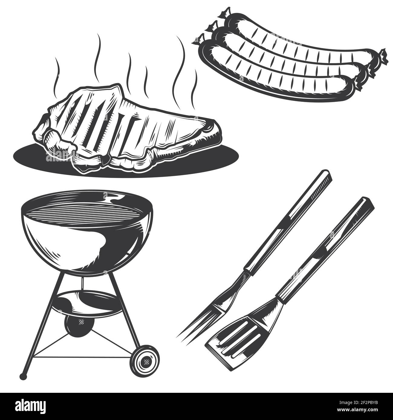 Set of bbq elements: grill, meat, fork, sausages for creating your own ...