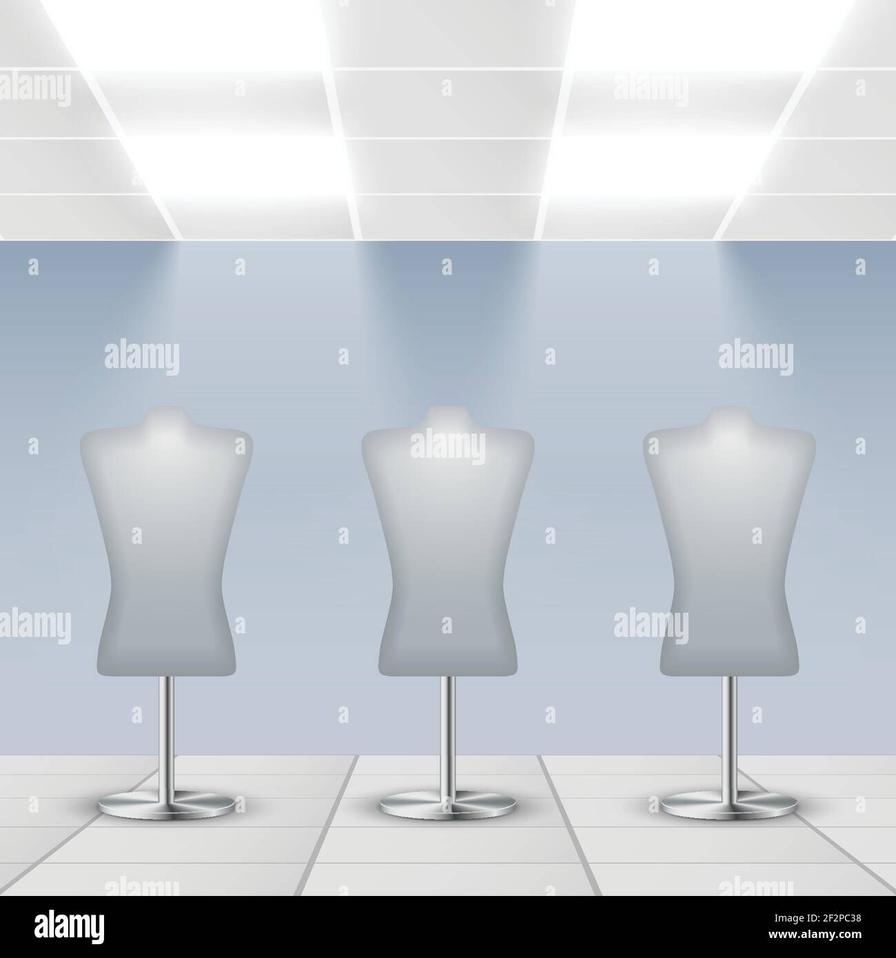 Illuminated department store shop display dress dummies stands vector ...