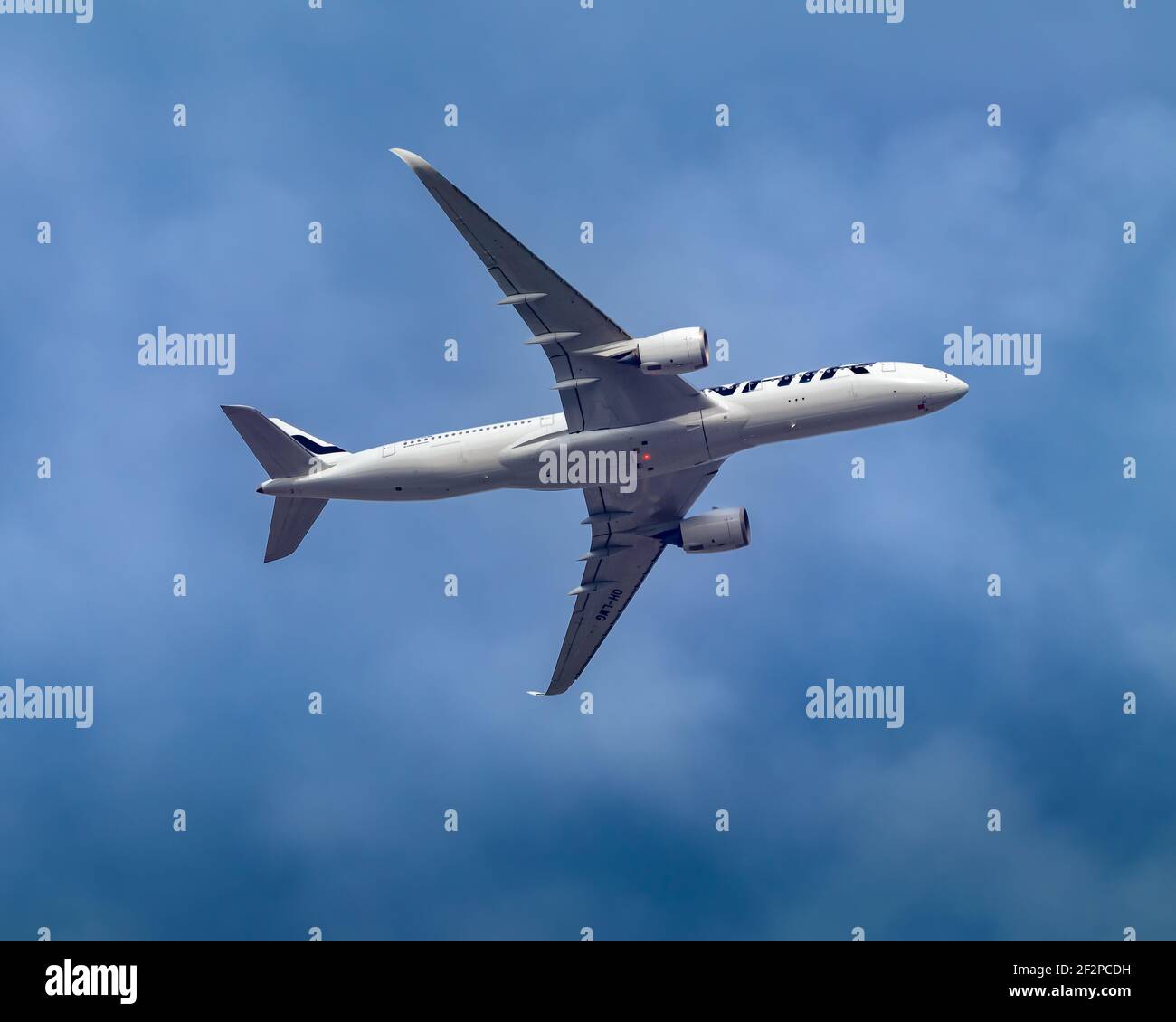 London, UK, February 2020 - A Finnair Airbus A350-900 flying overhead ...