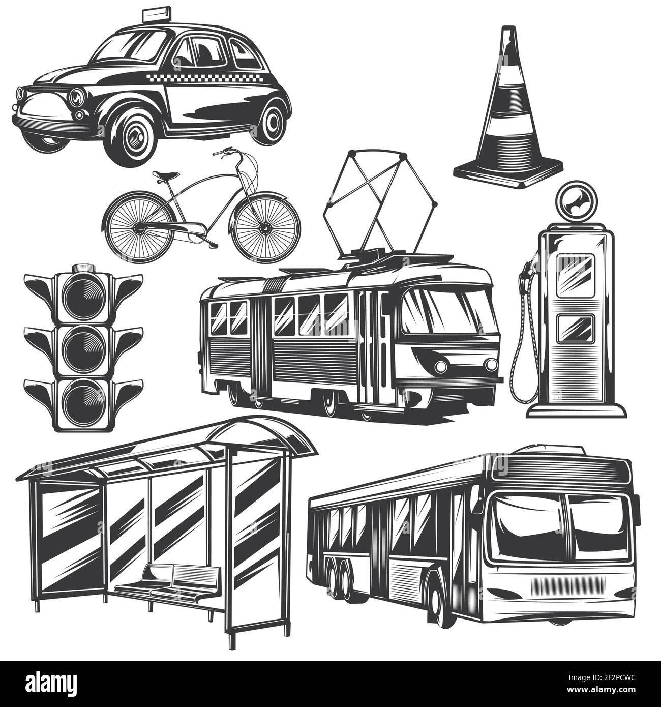 Set of public transport and parts of the road elements for creating ...