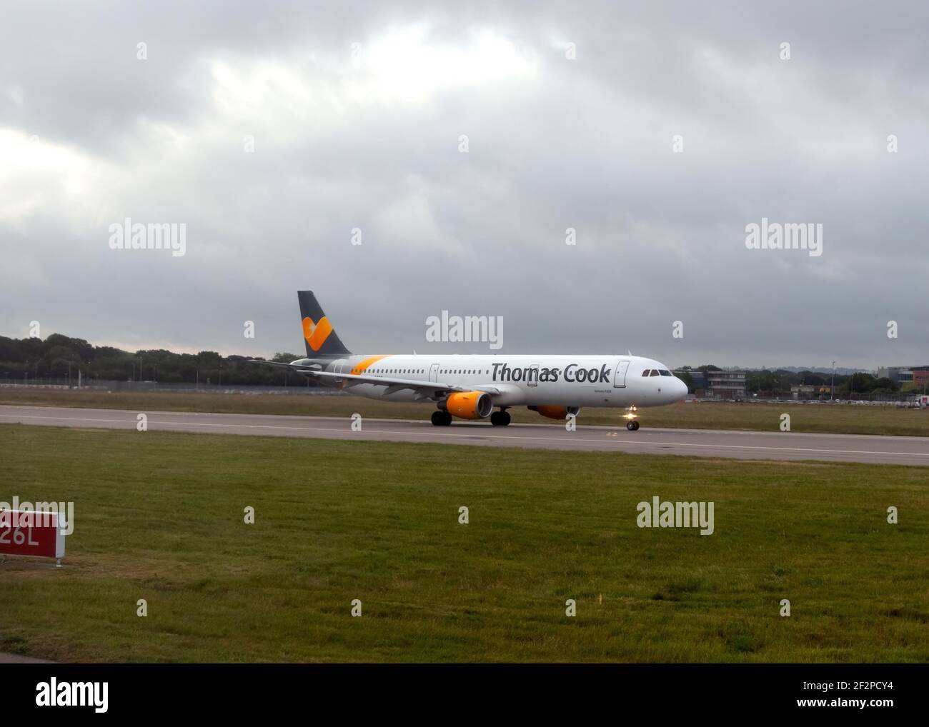 London Gatwick, UK, June 2019. Thomas Cook Airbus A321 airliner, lining ...