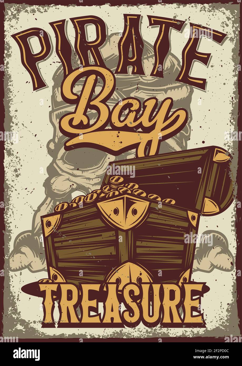 Poster design with illustration of a box with golden coins on vintage ...