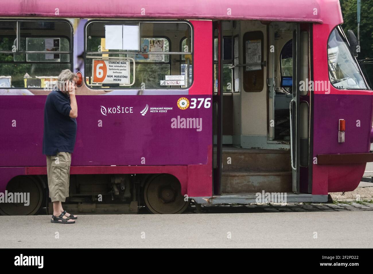KOSICE, SLOVAKIA - JUNE 12, 2014: Tram driver in front of a Kosice tram ...