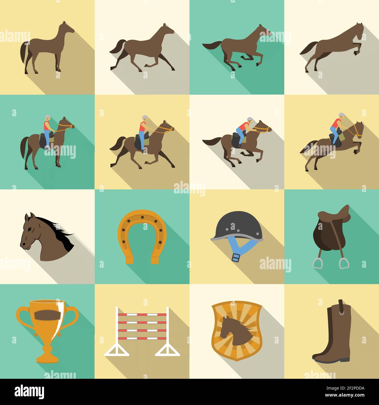 Horseback riding flat shadows icons set of horse rider sport dressage ...