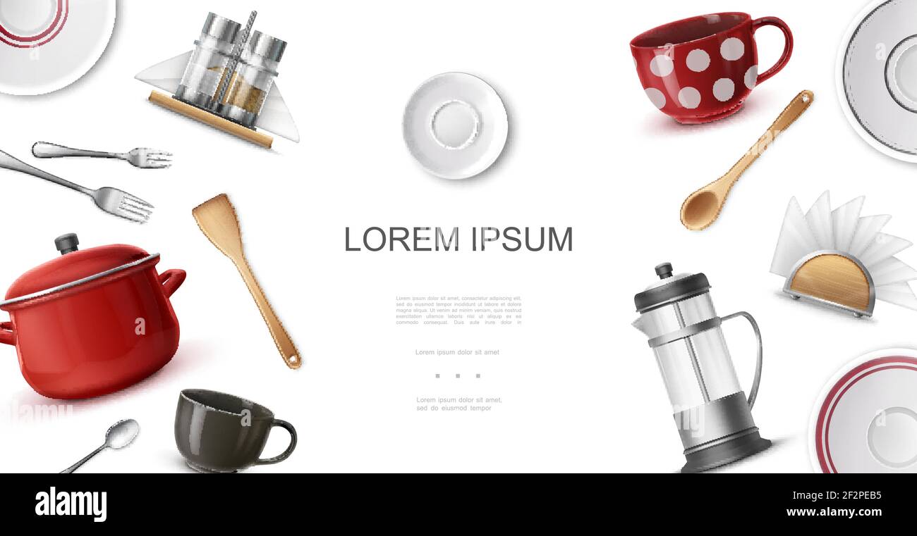 Realistic kitchenware colorful template with coffee cups plates forks ...