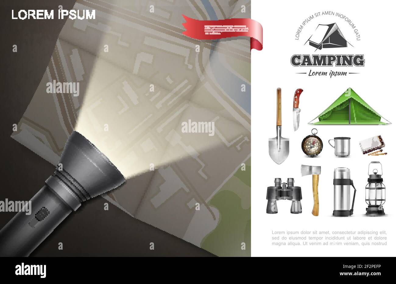 Realistic outdoor recreation elements concept with flashlight lying on ...