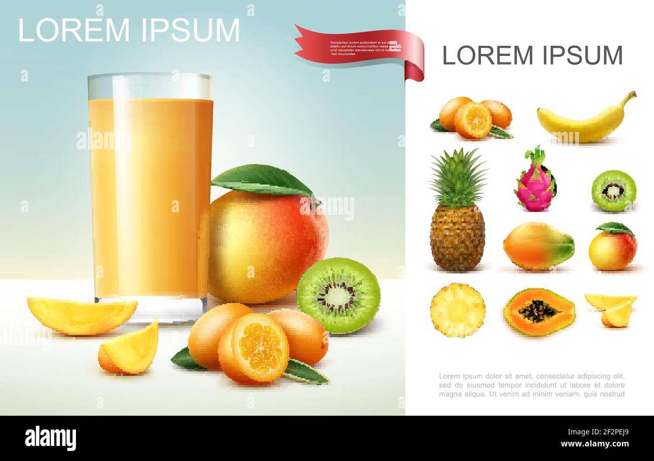 Realistic fresh fruit juice composition with glass of mango juice kiwi ...