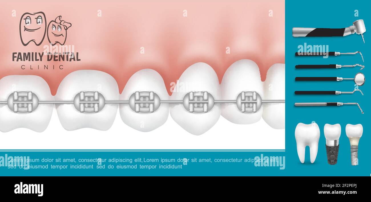 Realistic dentistry and stomatology composition with metal braces on ...