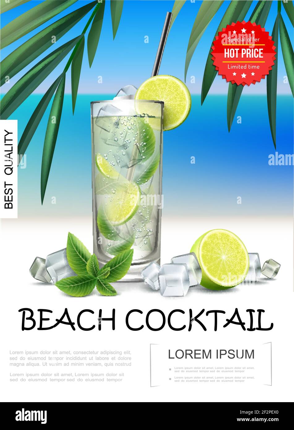 Realistic tropical beach cocktail poster with mojito lime slices mint ...