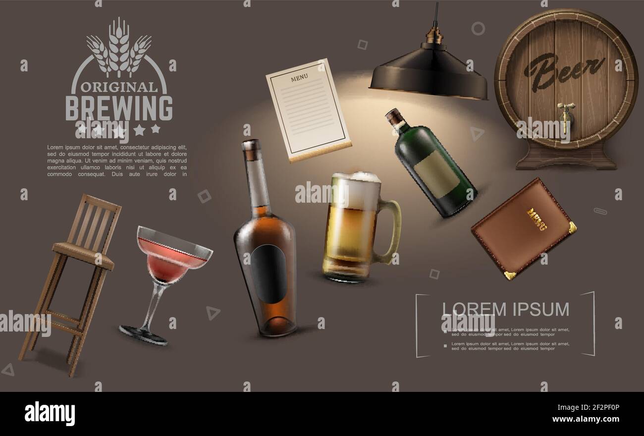 Realistic pub elements collection with bottles of alcoholic drinks beer ...
