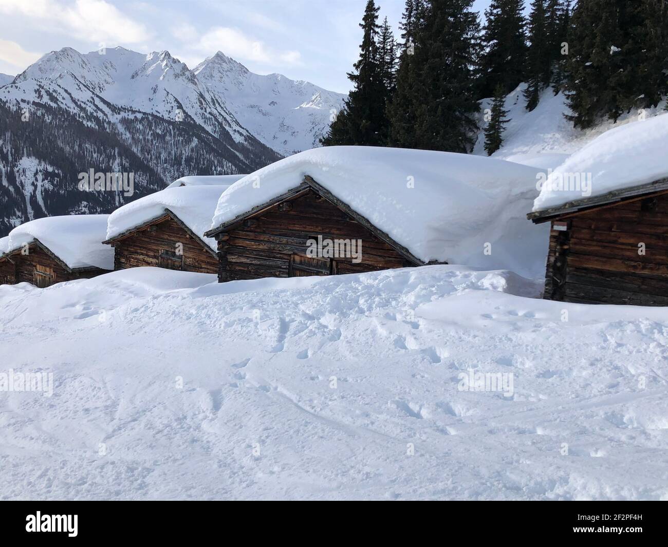 Snow-covered alpine huts, Diasalpe, Alpe Dias, Almmuseum, panoramic ...