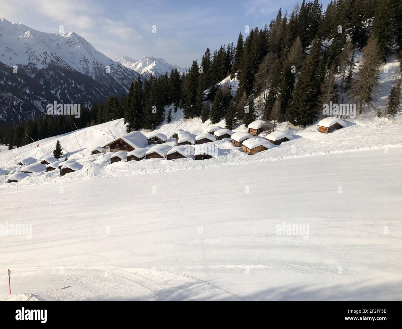 Snow-covered alpine huts, Diasalpe, Alpe Dias, Almmuseum, panoramic ...