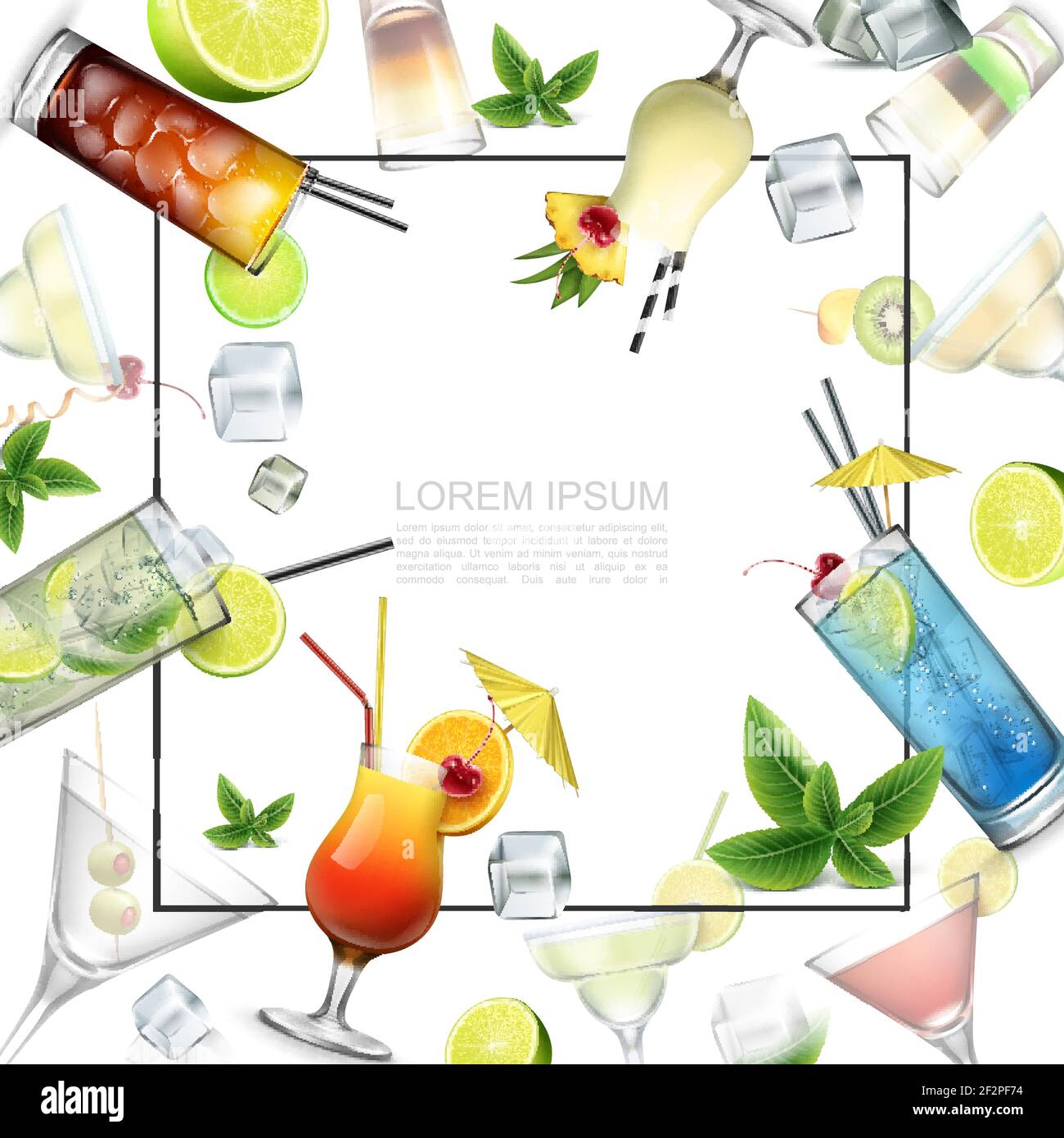 Realistic alcoholic beverages template with frame for text alcohol ...