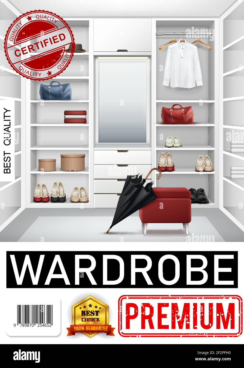 Realistic trendy wardrobe room poster with closet full of shelves ...
