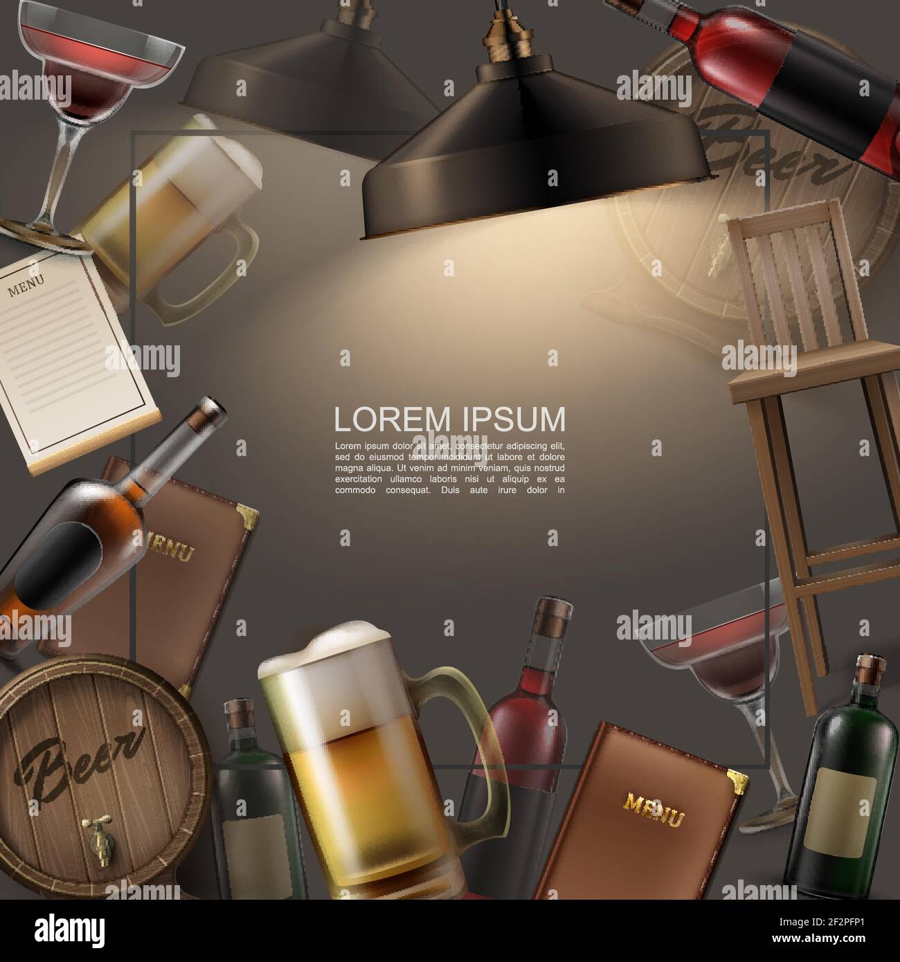 Realistic pub colorful template with cocktail glass mug and wooden ...