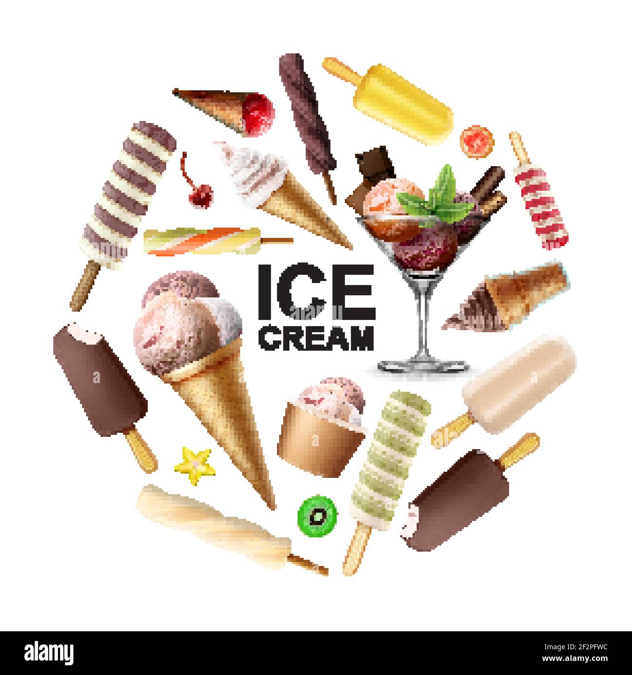 Realistic tasty ice cream round concept with icecream in fruit ...