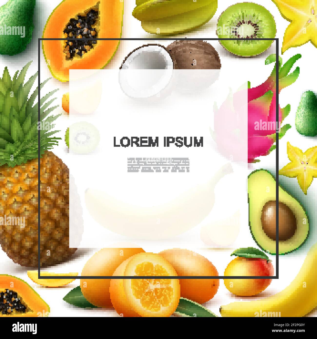 Realistic exotic fruits template with frame for text pineapple papaya ...