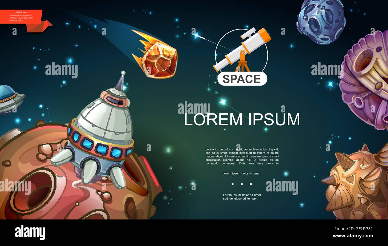 Cartoon universe template with fantasy planets asteroids meteors ufo ...