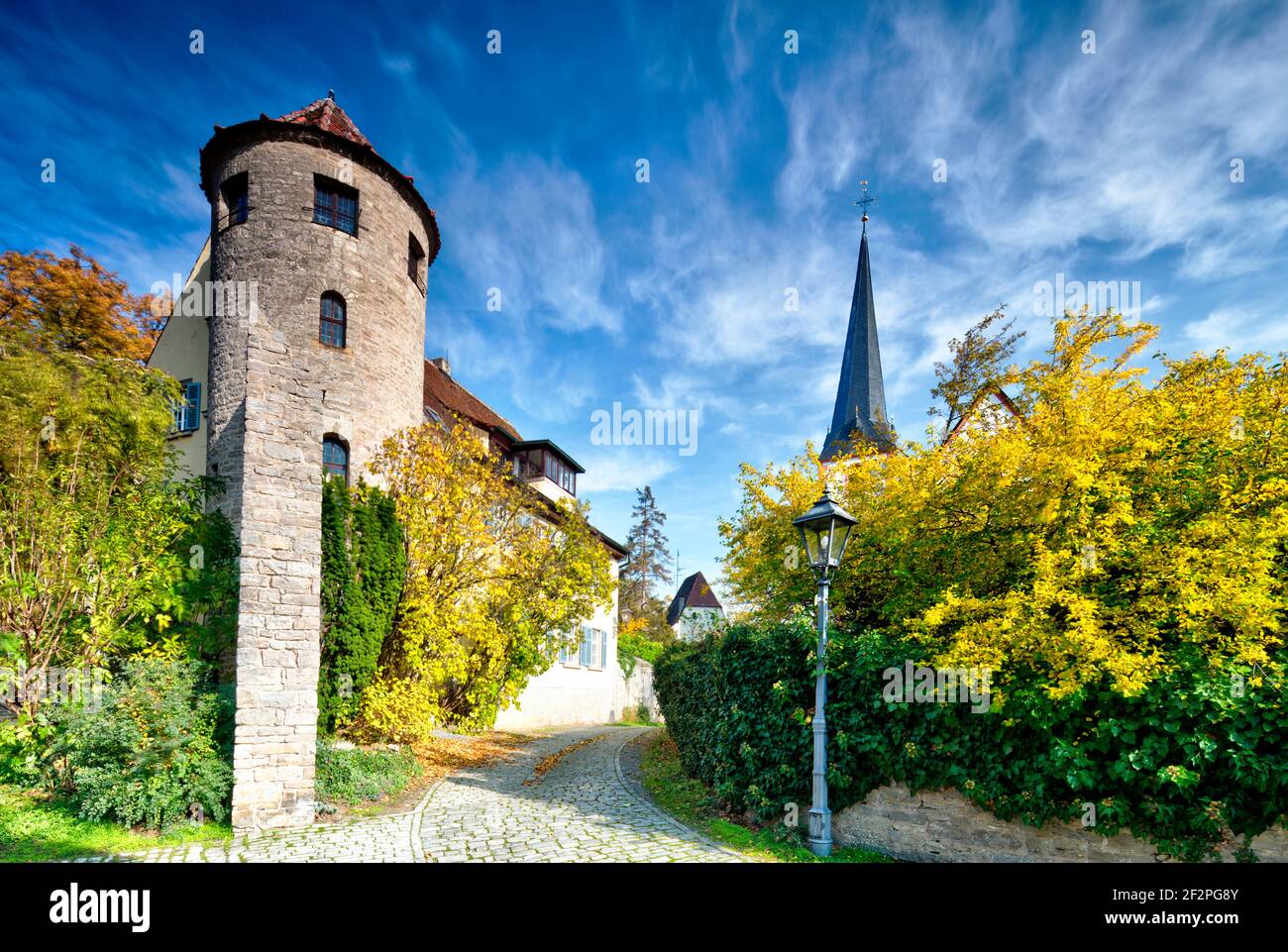 Wall tower, autumn, historic town center, Sulzfeld am Main, Kitzingen ...