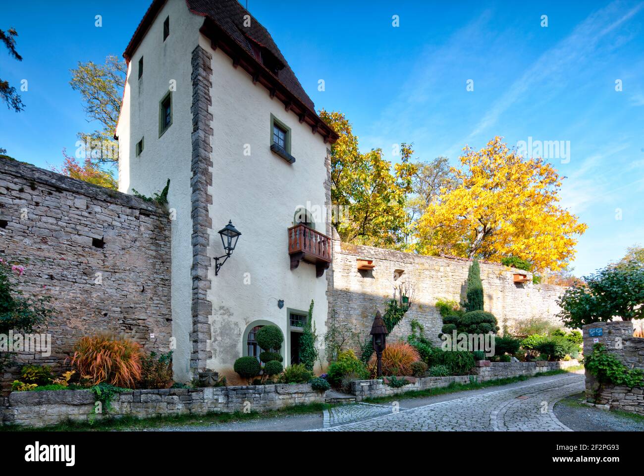 Night watch tower, city tower, city wall, house facade, autumn ...