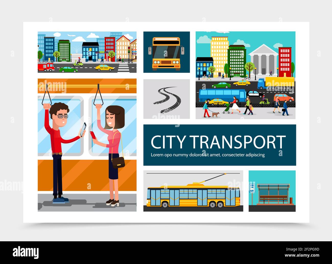 Flat city transport composition with colorful buildings automobiles ...
