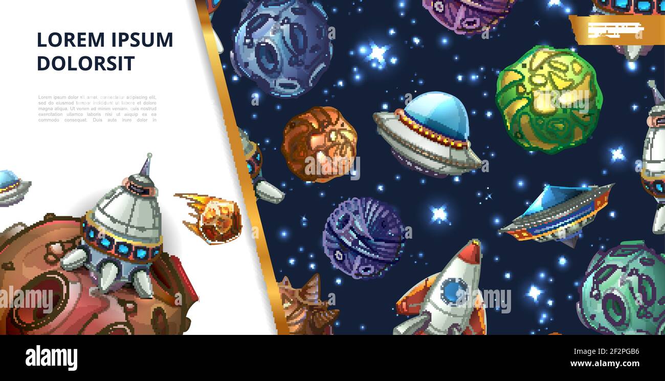 Cartoon colorful space concept with fantasy planets meteors asteroids ...