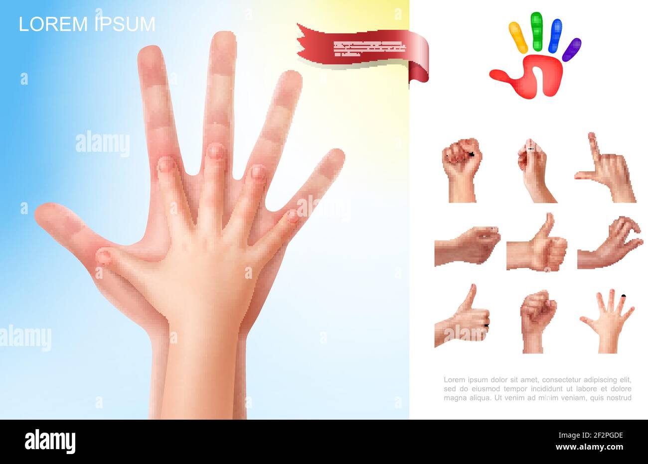 Child and parent hands concept with different female hand gestures in ...