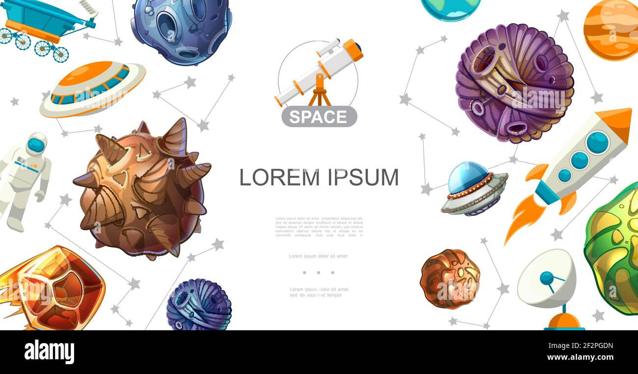 Space and universe concept with cartoon fantasy planets asteroids ...