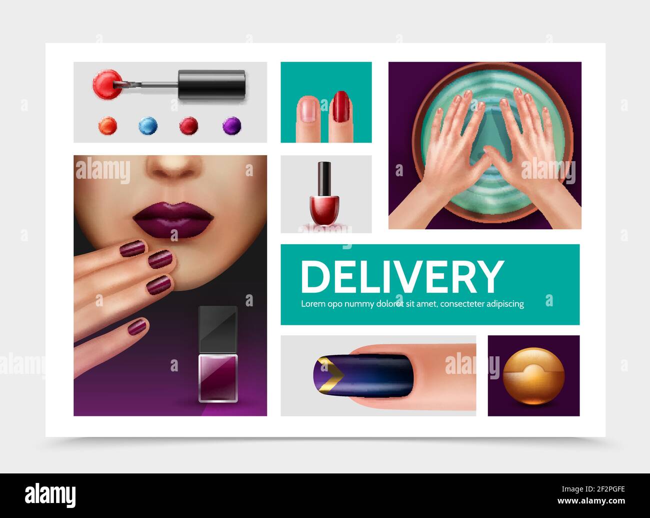 Realistic nail polish elements set with bottles of nail lacquer pretty ...