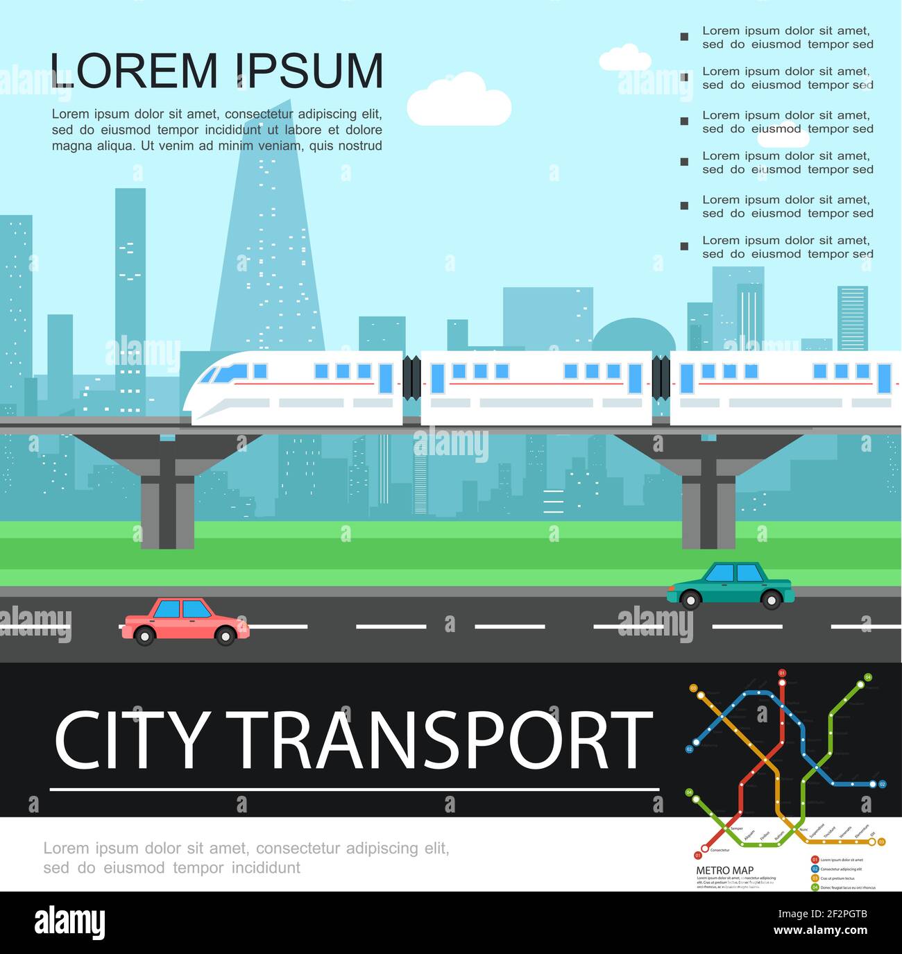 Flat city transport colorful template with train moving on railroad on ...