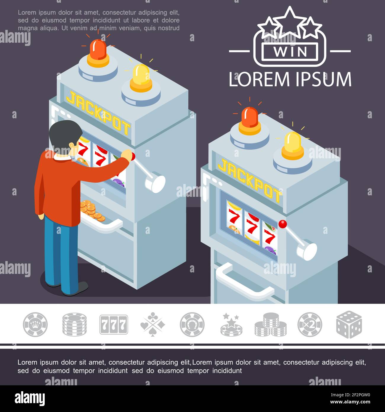 Flat gambling elements colorful template with man playing slot machine ...