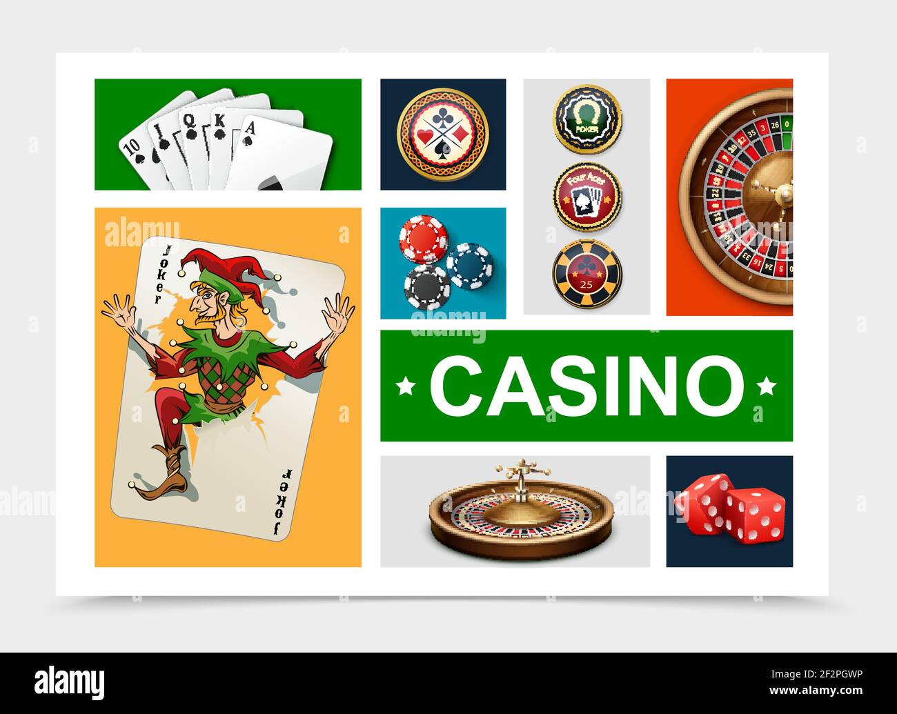 Realistic casino elements collection with playing cards roulette wheel ...