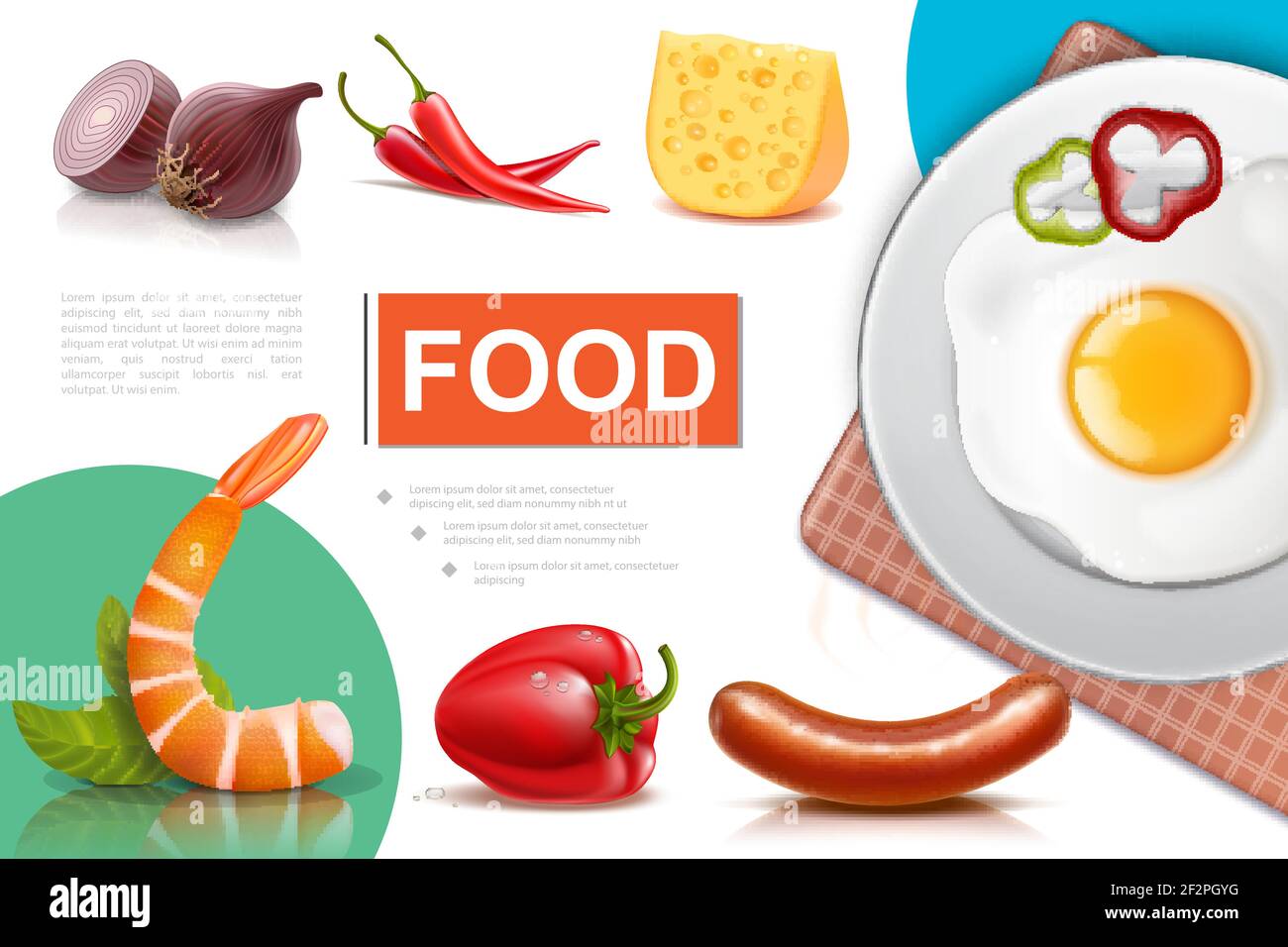 Realistic fresh food composition with egg omelette on plate onion ...