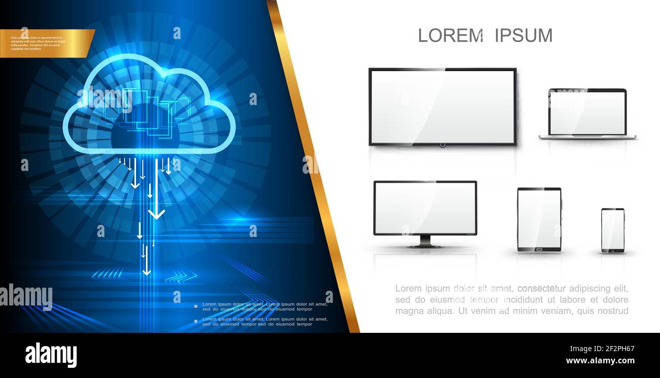 Realistic modern technology concept with digital cloud storage TV ...