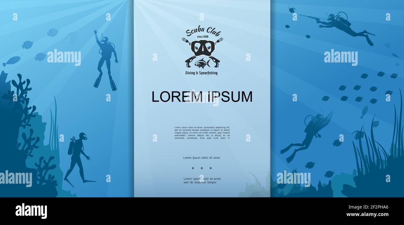 Colorful scuba diving template with fishes corals and divers ...