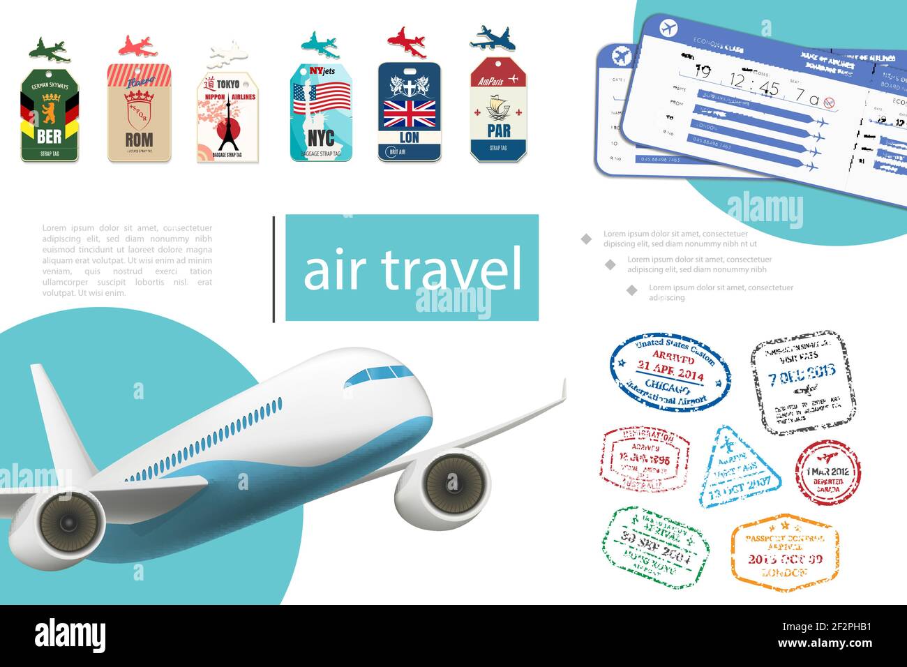 Realistic air travel concept with airplane tickets badges and stamps of ...