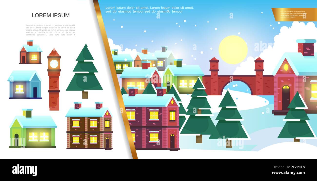 Flat winter town landscape concept with colorful estates houses tower ...