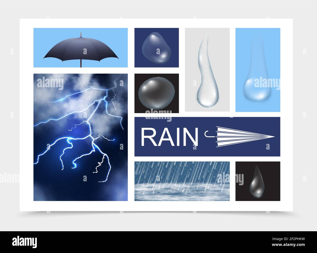 Realistic rain elements composition with lightning umbrella raindrops ...