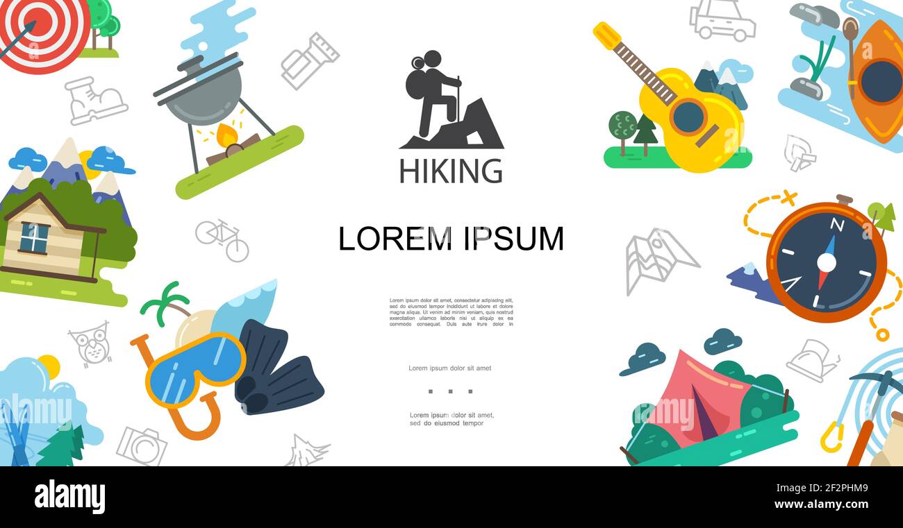 Flat outdoor activities template with archery barbecue party diving ...