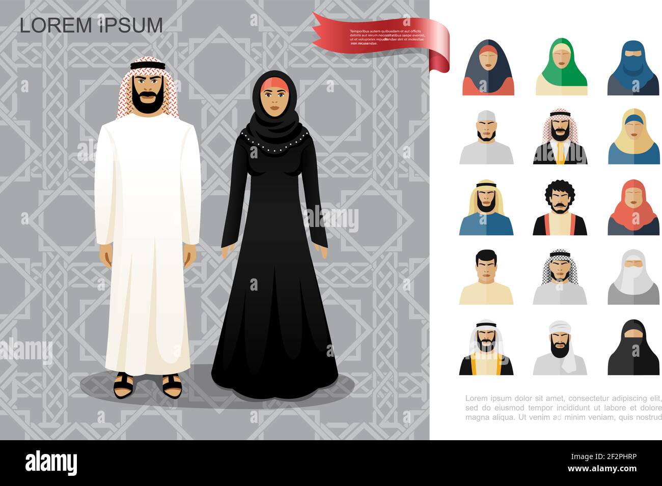 Flat arab people colorful concept with muslim man and woman in ...