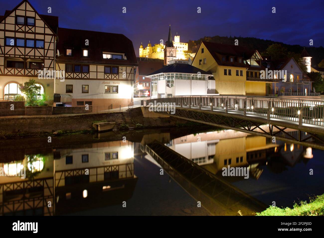 View over Tauber river, promenade, measuring bridge, castle, old town ...