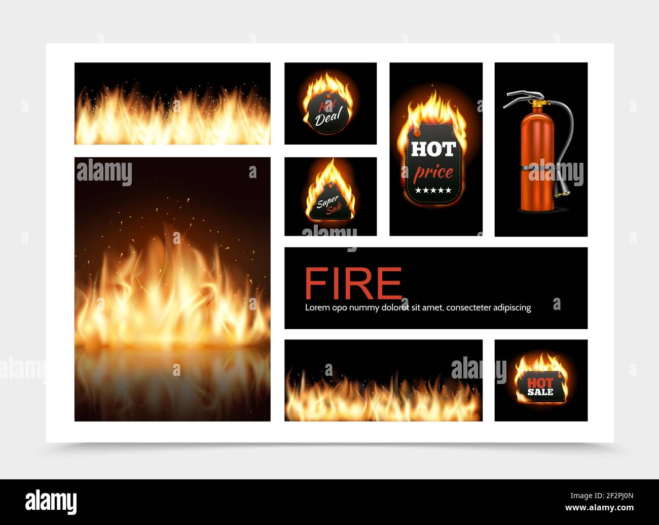 Realistic fire composition with hot fiery sale emblems flame blaze and ...