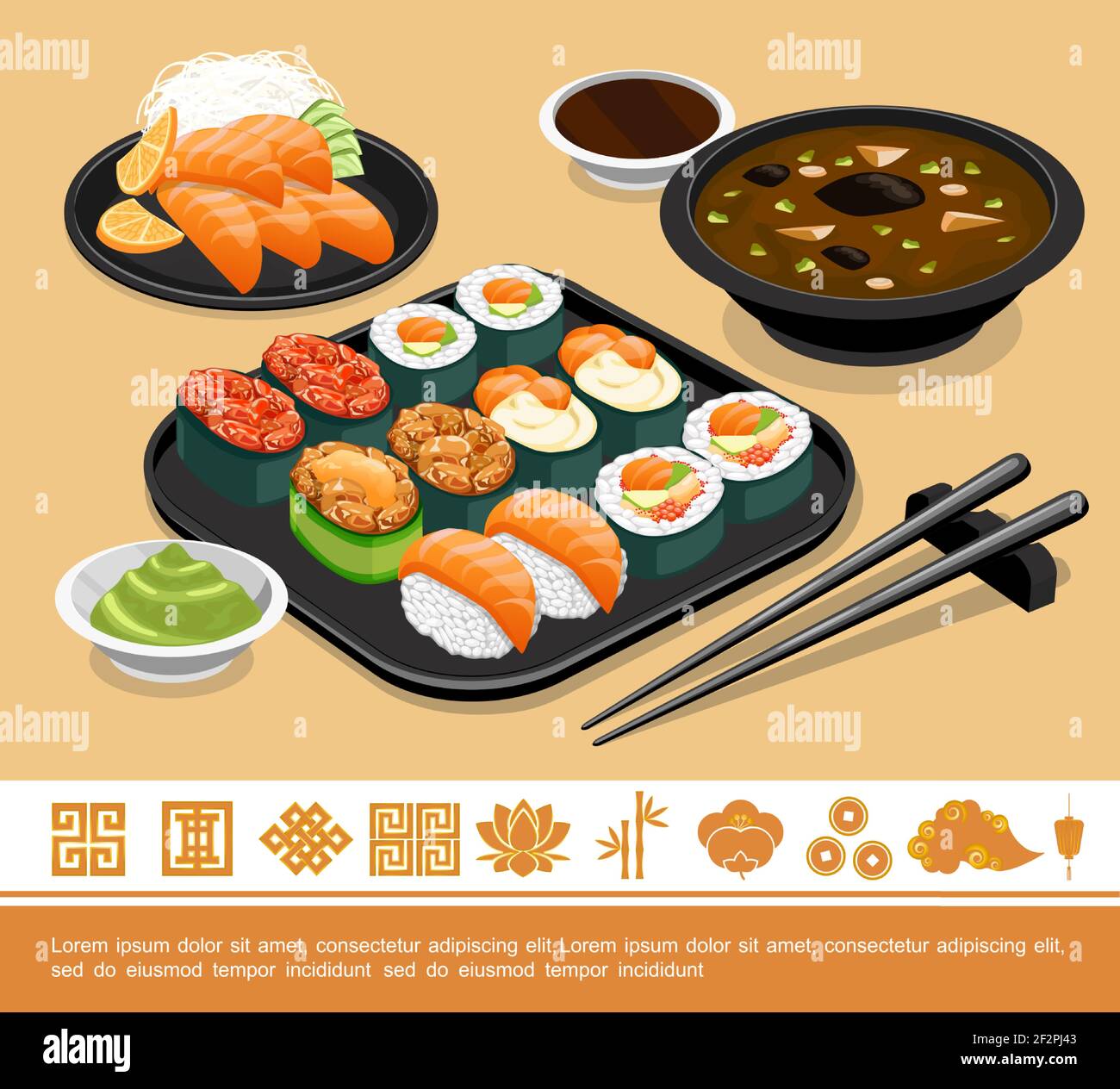 Flat traditional japanese food template with sushi sashimi miso soup ...