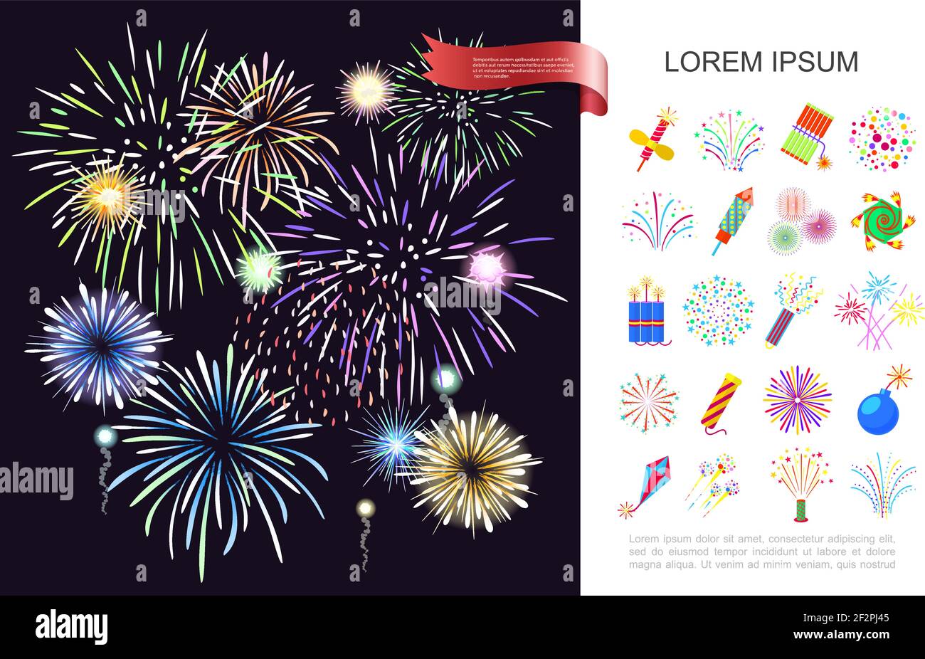 Holiday celebration concept with colorful realistic festive fireworks ...