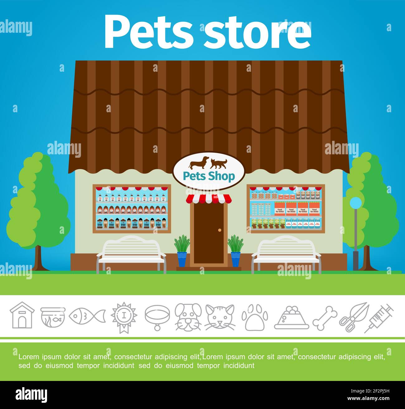 Flat pets shop colorful template with facade of store building and pets ...